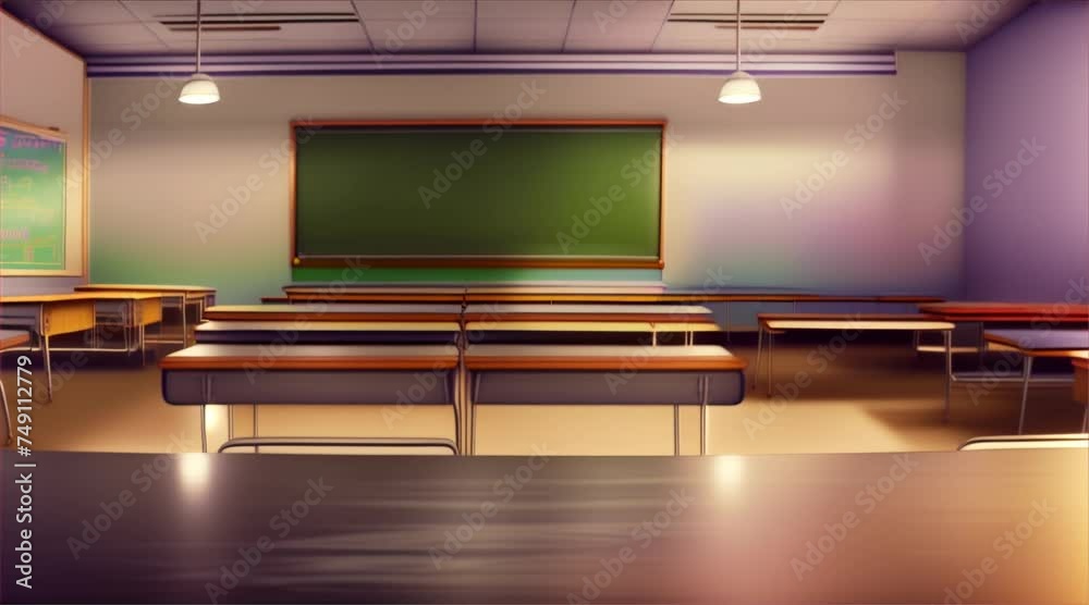 School classroom with furniture, including tables, chairs, and a TV ...