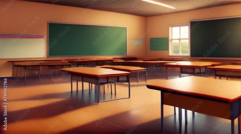 School classroom with furniture, including tables, chairs, and a TV ...