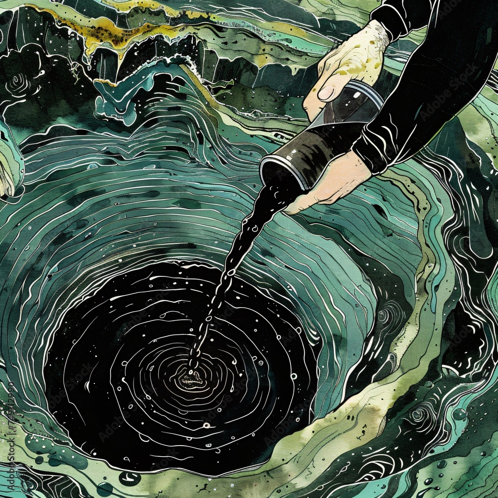 An illustration showing a person pouring a dark liquid into a well ...