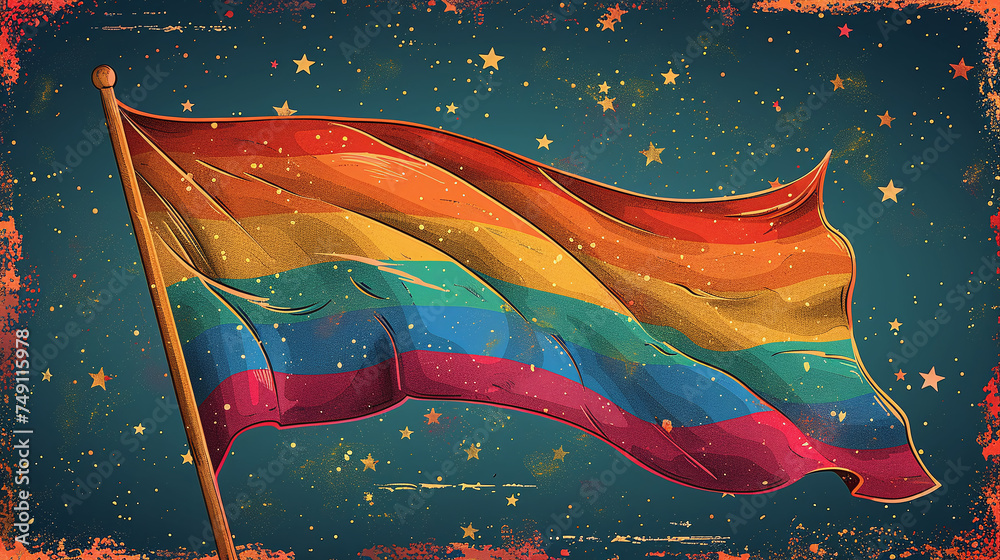 Retro pride flag waving on a starry background, perfect for pride day ...
