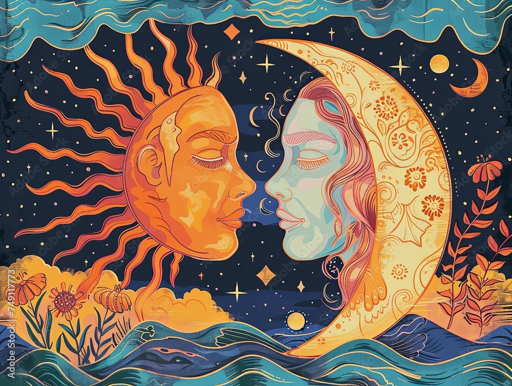 Capture the contrast between the sun and moon in a vibrant boho style ...