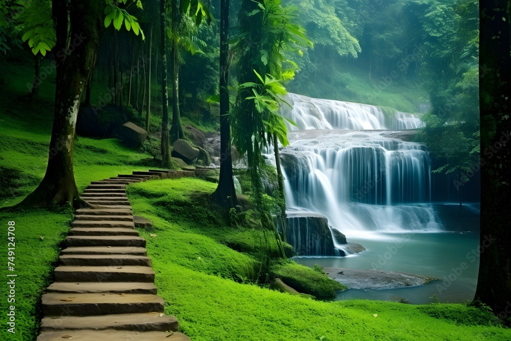 Beautiful Nature Lovely Place, Tree Park, Waterfall, Peacock bird on ...