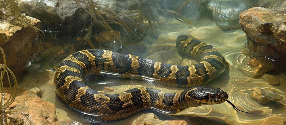 A banded water snake, scientifically known as Nerodia fasciata, is ...