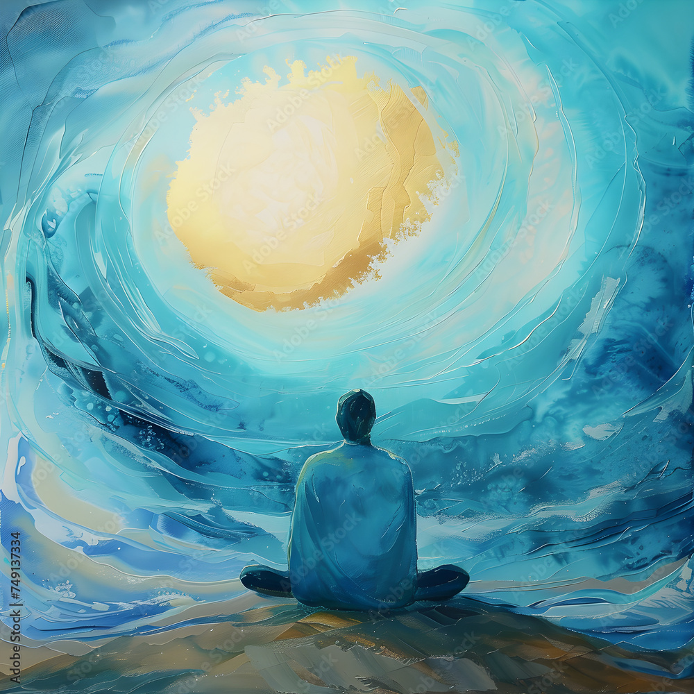 painting of meditationg looking at the world, one who finds the reality ...
