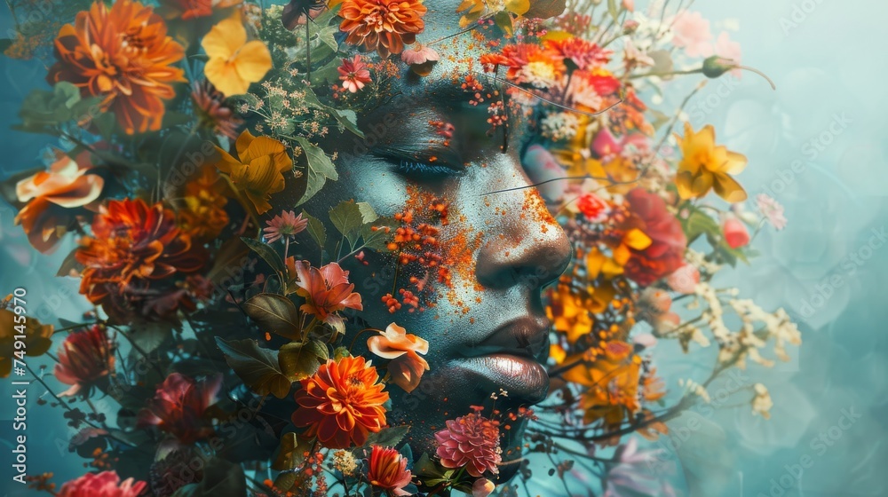An abstract portrait blending human and floral elements where the face ...