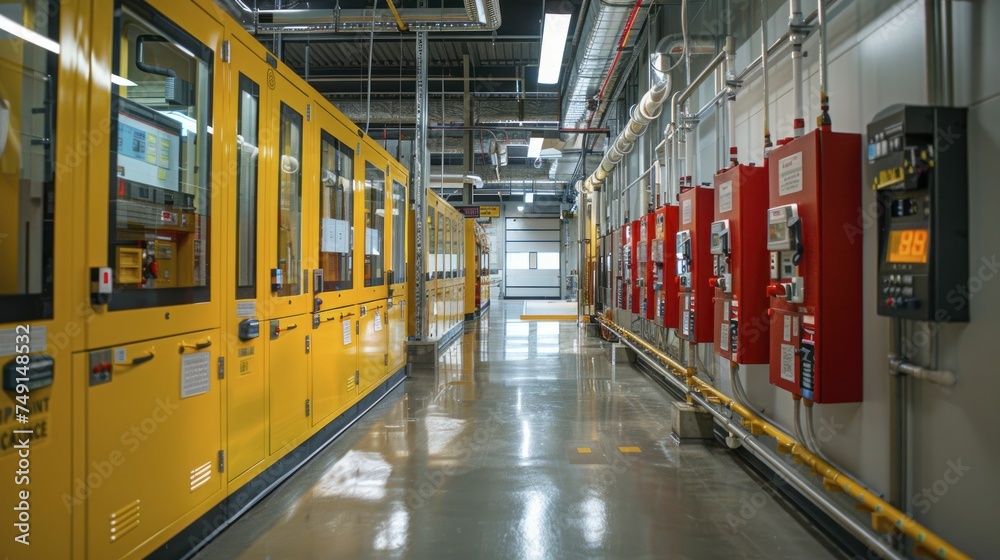 Safety protocols and equipment like emergency stop buttons and eyewash ...
