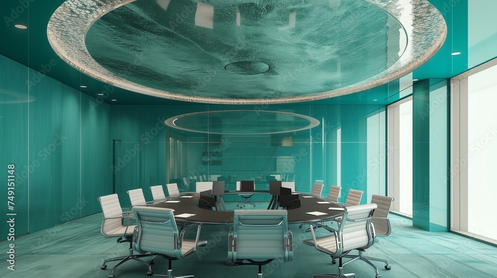 Modern office conference room with a circular marble mosaic accent on ...