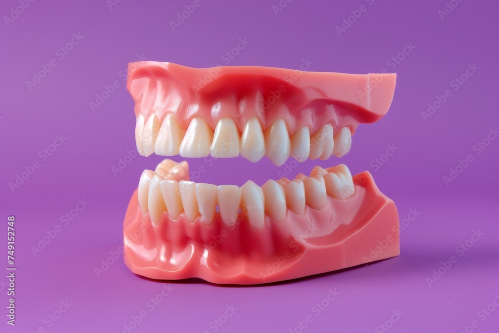 A set of fake teeth with an exaggerated goofy smile, placed on a ...