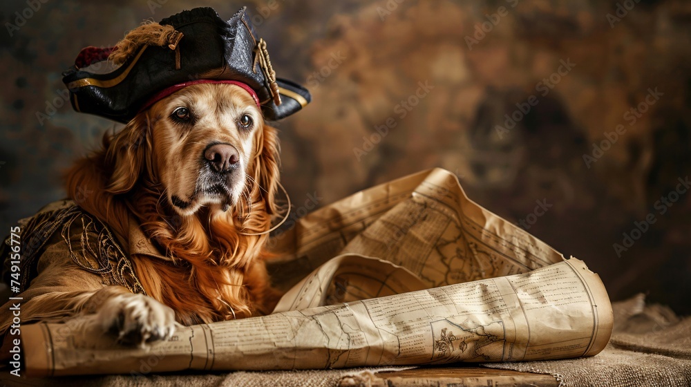 Adventurous dog in pirate attire posing with a map on a quest for ...