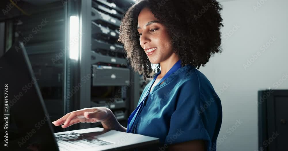 Smile, engineer and woman on laptop in data center for cyber security ...