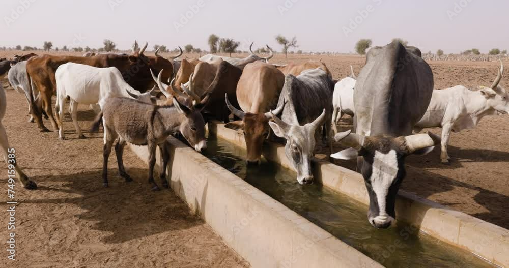 Fulani cattle, donkey drinking at a waterhole in the Sahel, Sahara ...