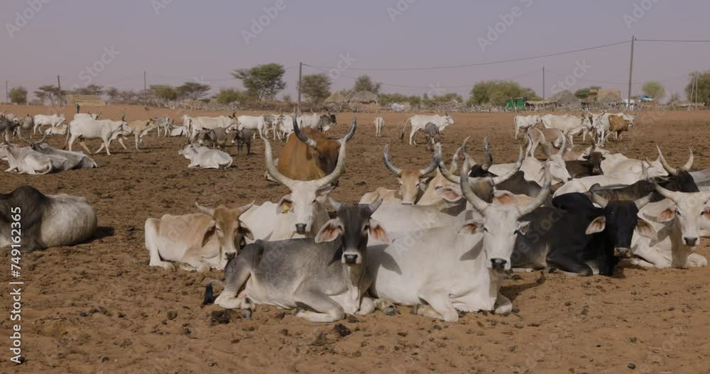 Close-up panning. Fulani cattle lying down in the Sahel, Sahara Desert ...