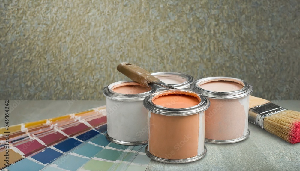 Tiny sample paint cans during house renovation, process of choosing ...