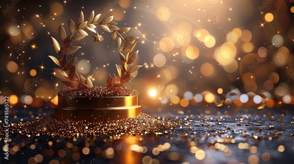 Gold award podium, ribbons, stars, glitter and sparkles isolated on ...