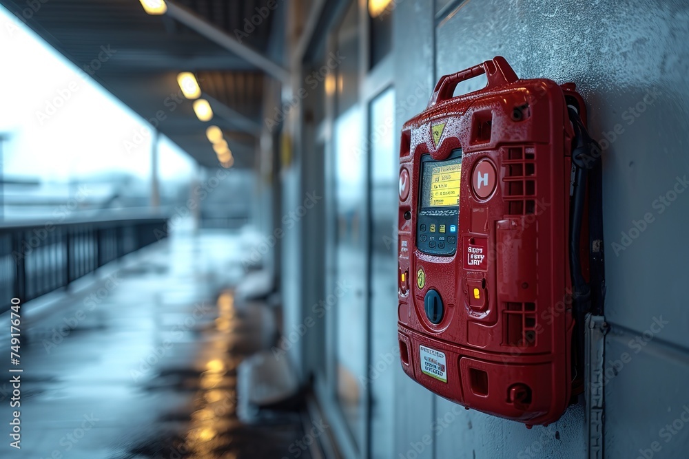 Automated External Defibrillator (AED) An AED unit mounted on a wall in ...