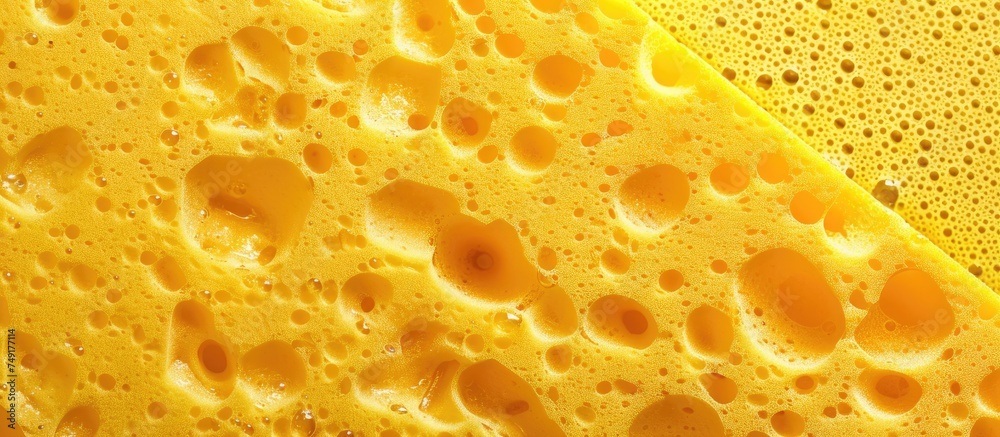 A close up view of a bright yellow sponge commonly used for washing ...