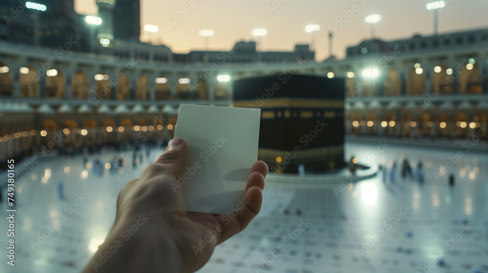 Muslim hand holding a blank sheet of paper, with the background of the ...