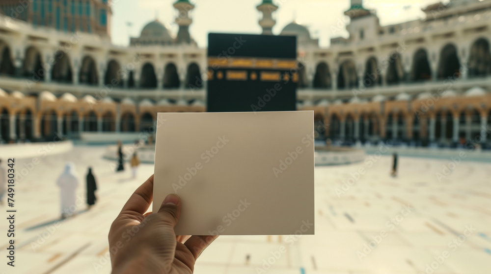 Muslim hand holding a blank sheet of paper, with the background of the ...