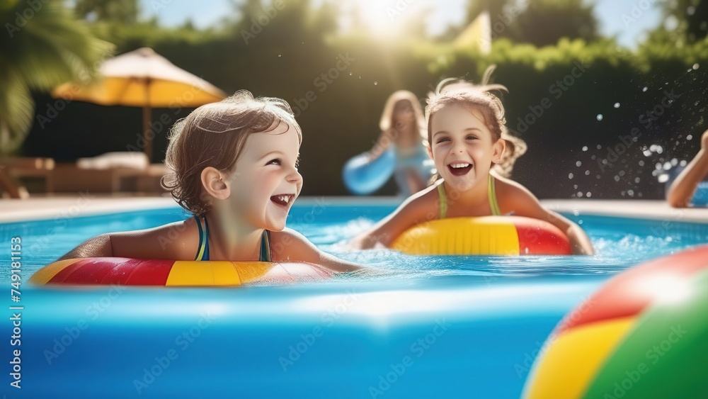 Happy children play and swim in the pool of a tropical resort. Summer ...