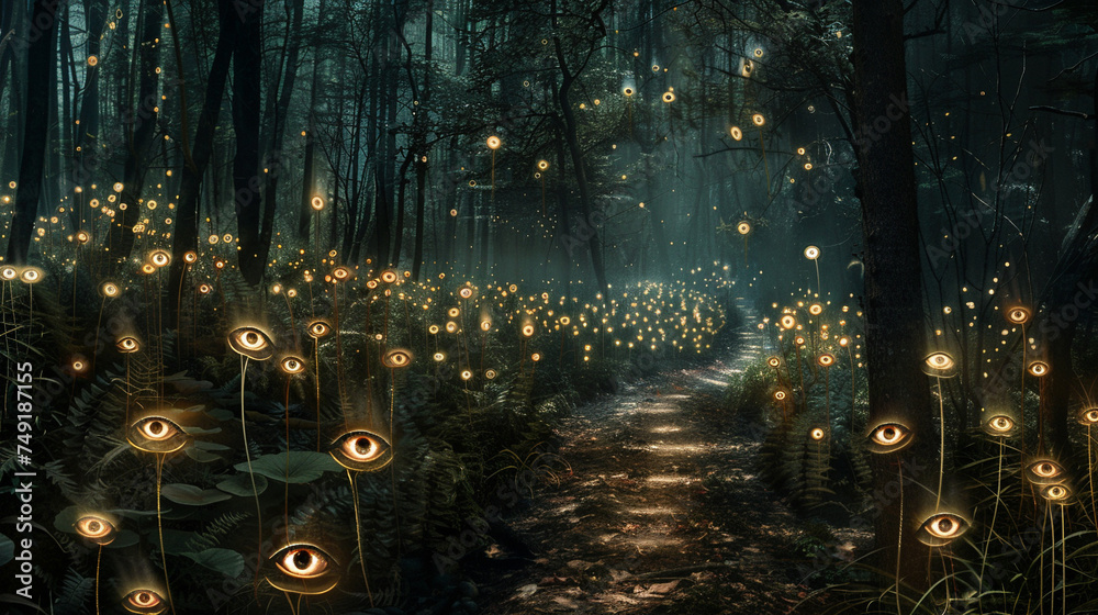Dynamic image of a forest path illuminated by the gaze of countless ...