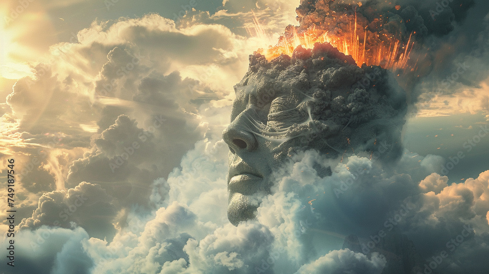 In an otherworldly scene, a human head crowned with a volcano peeks ...