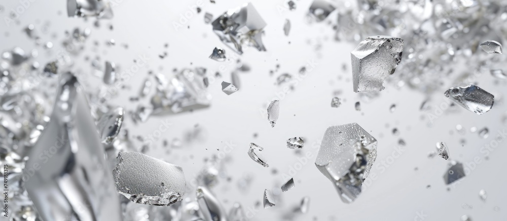 A simulation of ice cubes dropping and floating in the air, captured in ...