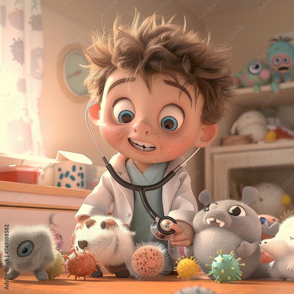 Charming animated baby doctor with a stethoscope, surrounded by cuddly ...