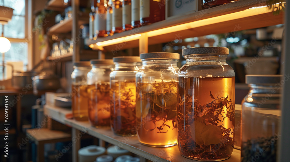 Artisan kombucha brewing station with large glass jars in the ...