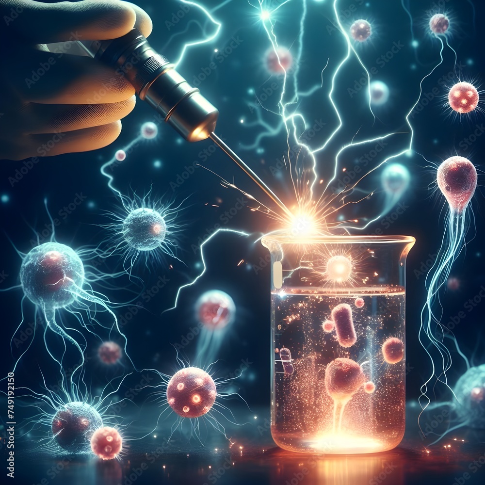 Electrical sparks in biochemistry beaker and micro-organisms bacteria ...