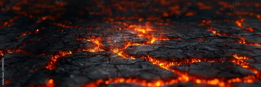 Burning ground close-up. Fire is showing through cracks in the ground ...