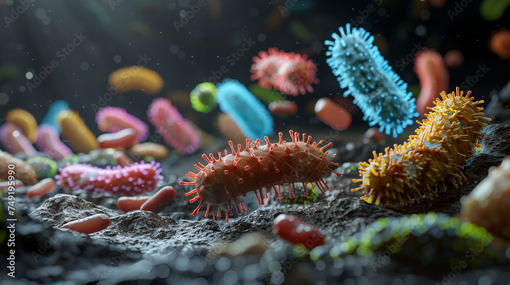 Microscopic view of various species of bacteria and other microbe on ...