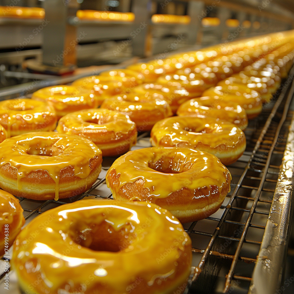 A row of glazed donuts travels on a metal conveyor belt, Industrial ...