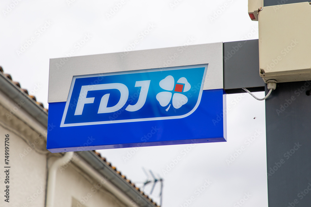 fdj logo brand and sign text facade of French national lottery operator ...