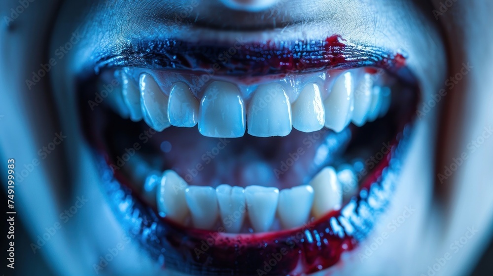 a close up of a person's mouth and teeth with blood on the upper part ...