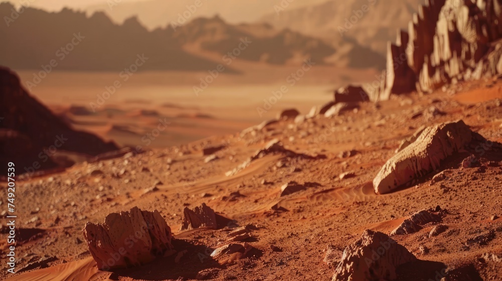 Mars-like desert landscape with rugged terrain and reddish soil ...