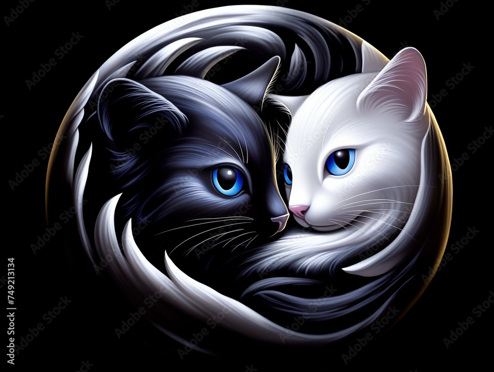 Two cats one black and one white curled up together in perfect harmony ...