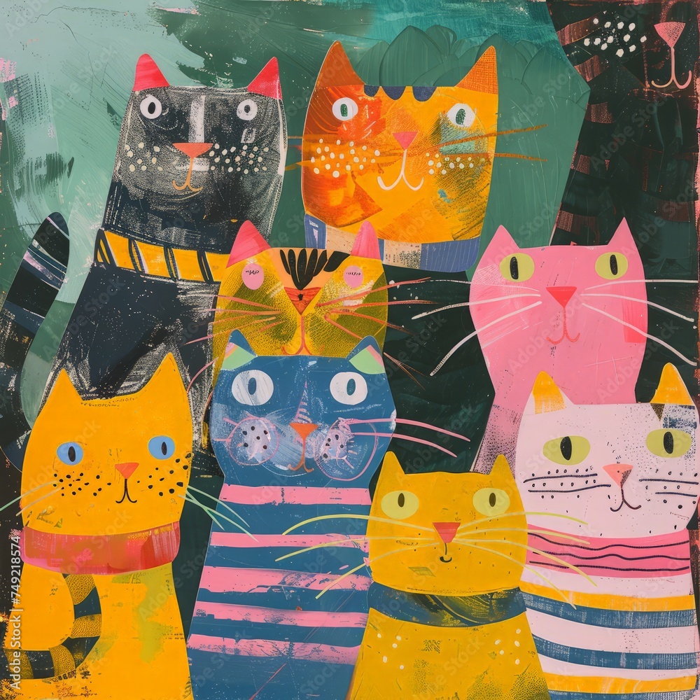 This painting depicts a diverse group of cats with different fur colors ...