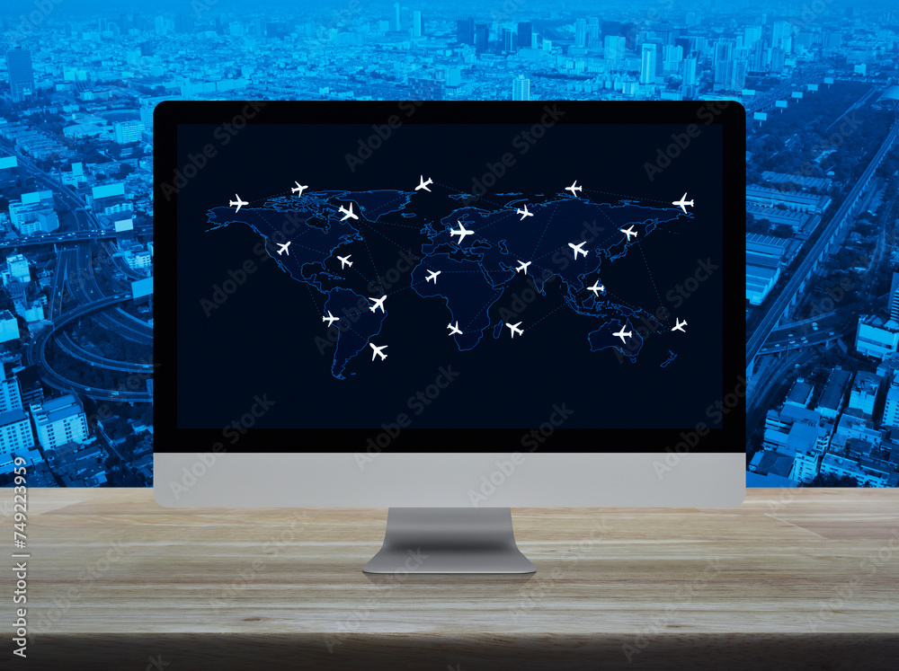 Flight routes airplanes connection and world map on computer screen on ...