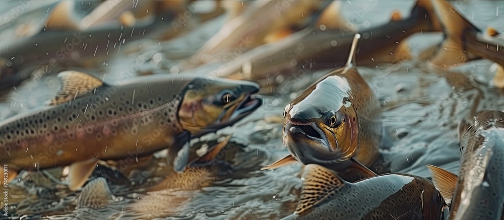 A group of pink salmon, also known as humpy salmon, swimming in ...