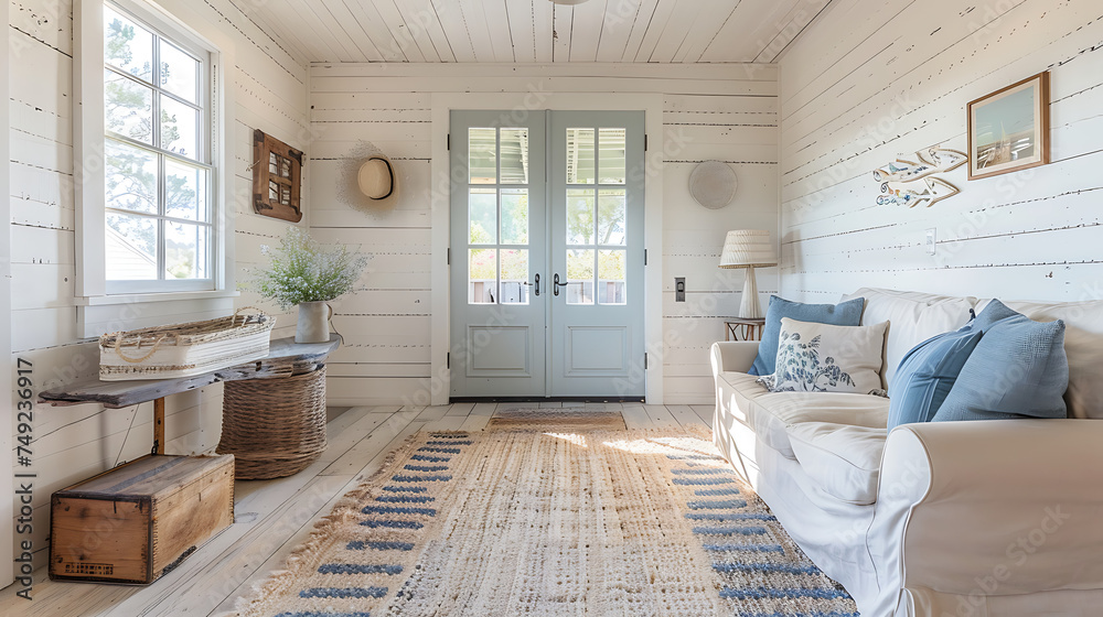 A serene beachside cottage with weathered shiplap walls, a natural ...