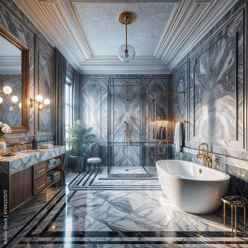 a bathroom with a marble bathtub and a walk in shower, a digital ...