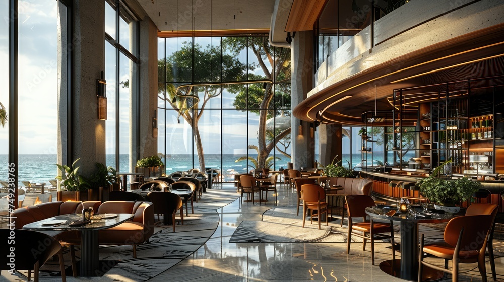 A modern beach resort restaurant with black metal and wood finishes in ...