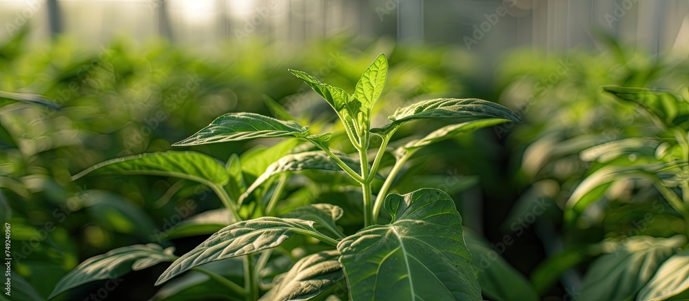 A detailed view of a green capsicum plant thriving in a greenhouse ...