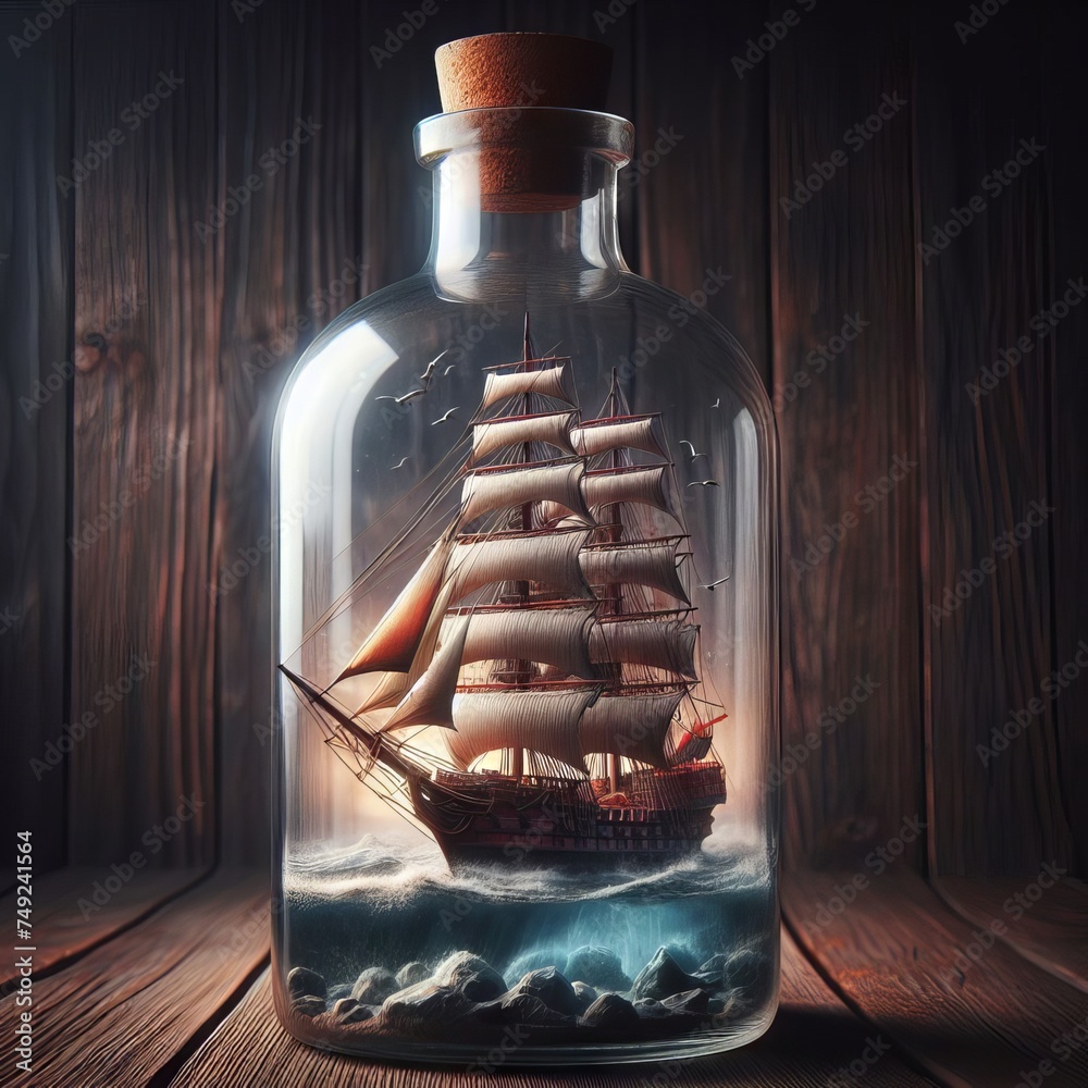 A classic tall ship is encapsulated within a clear flask on a rustic ...