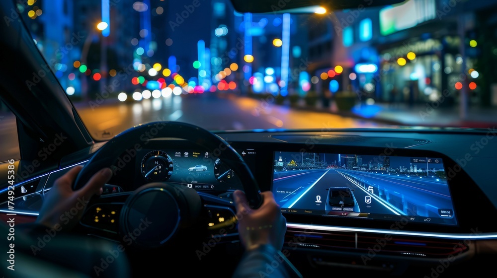 Driver's perspective inside a modern electric car driving on road with ...