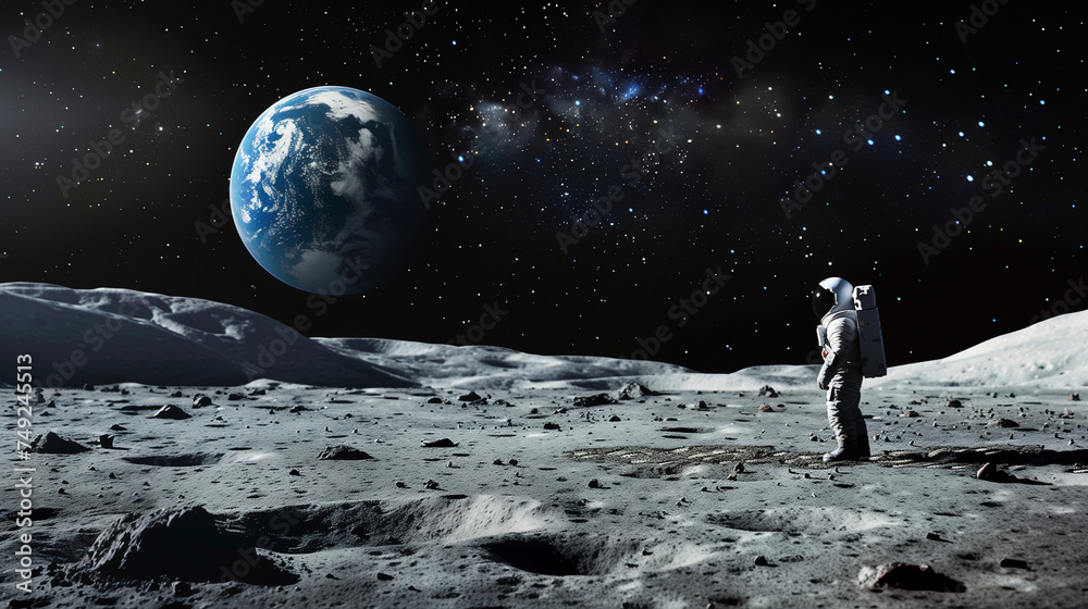 Lone astronaut standing on the surface of the moon and gazing back at ...