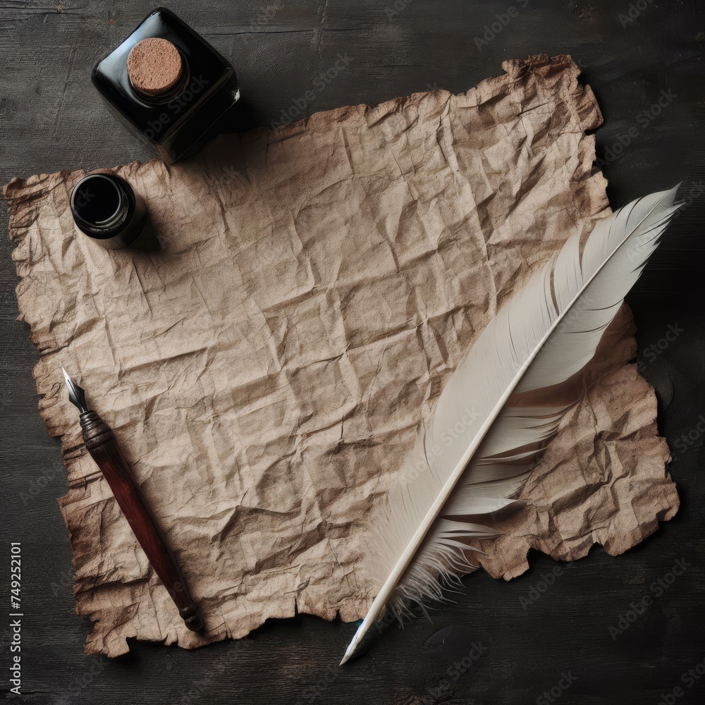 An antique quill and ink bottle rest on a crumpled piece of parchment ...