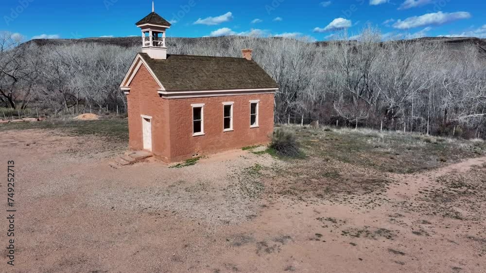 Aerial Grafton ghost town church building southern Utah pull. Near Zion ...