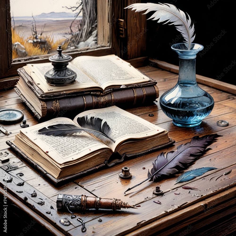 A historical writing set, featuring quills and ink bottles, sits by a ...
