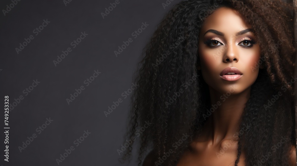Attractive black african model woman with straight flying hair and ...